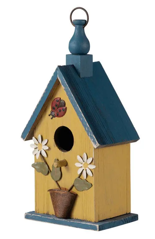 GLITZHOME 12.25"h Distressed Solid Wood Cottage Garden Birdhouse With Bees And Flowers