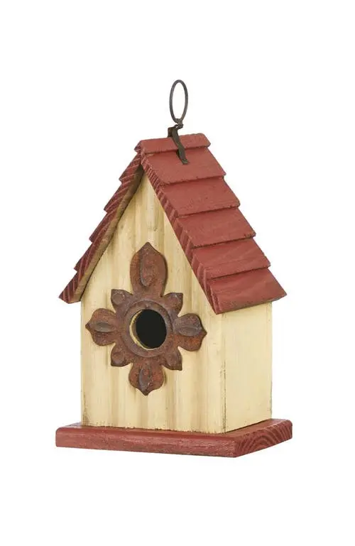GLITZHOME Distressed Solid Wood Decorative Outdoor Garden Birdhouse With 3d Flower Or Maple - Red