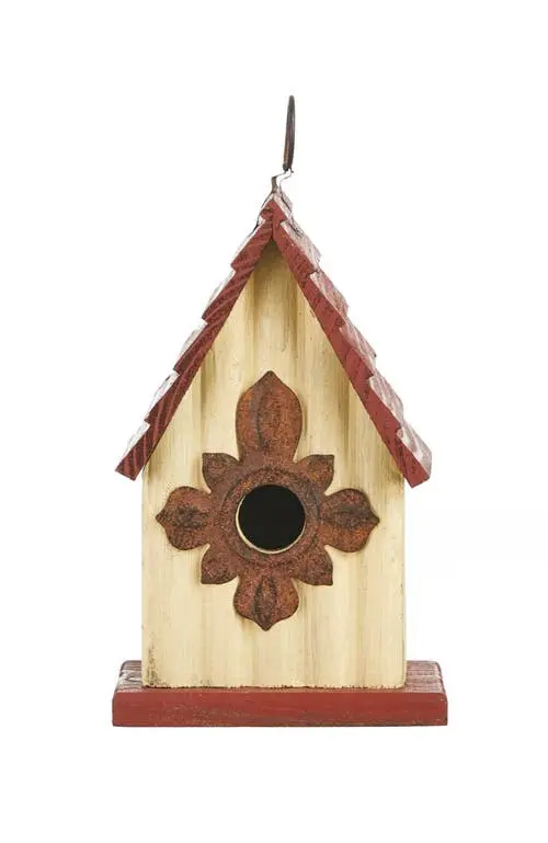 GLITZHOME Distressed Solid Wood Decorative Outdoor Garden Birdhouse With 3d Flower Or Maple