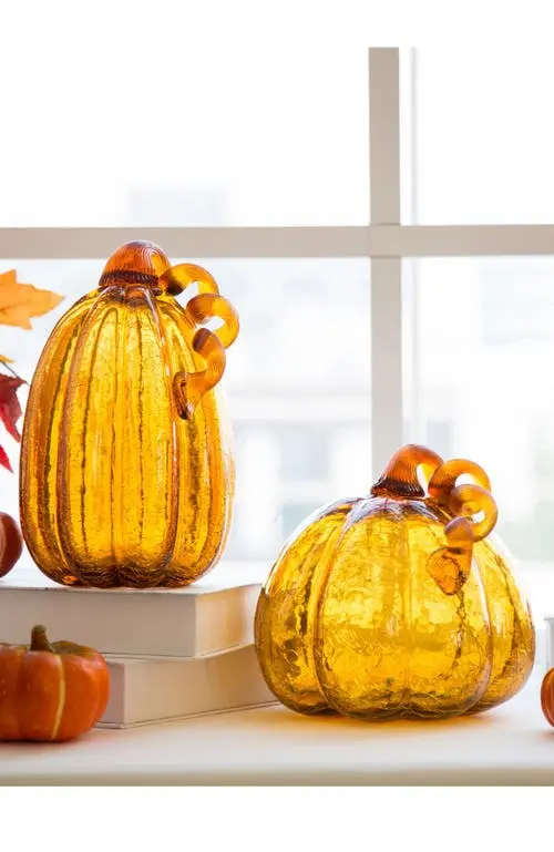 GLITZHOME Set Of 2 Glass Short Pumpkins - Amber