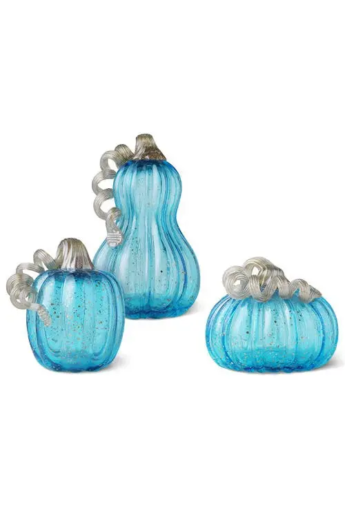 GLITZHOME Set Of 3 Glass Pumpkin & Gourd - Blue