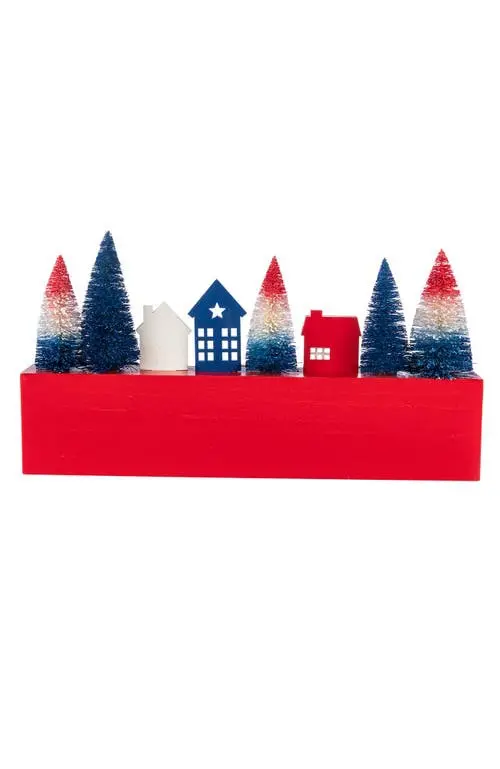 GLITZHOME Patriotic Americana Wooden House Brush Trees Table Decor