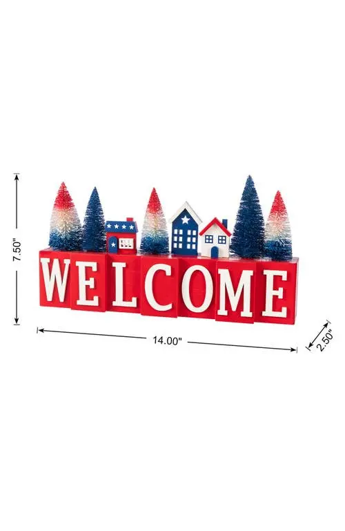 GLITZHOME Patriotic Americana Wooden House Brush Trees Table Decor