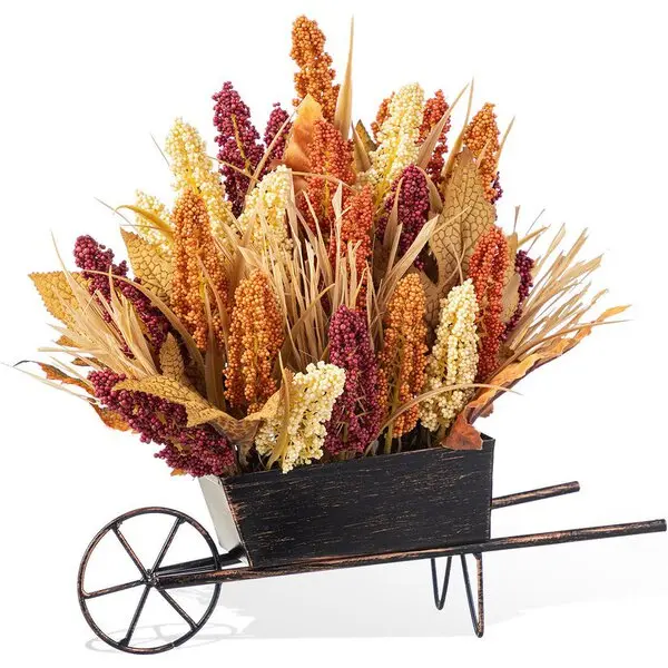 GLITZHOME 15"h Fall Multi-colored Sorghum Cart Centerpiece