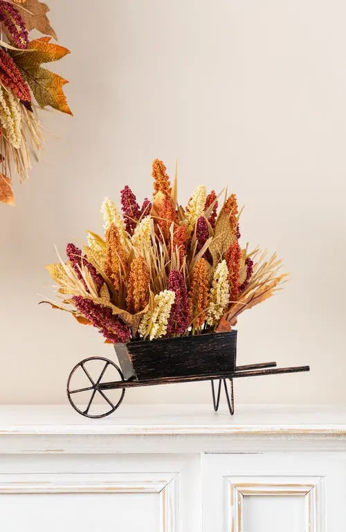 GLITZHOME 15"h Fall Multi-colored Sorghum Cart Centerpiece
