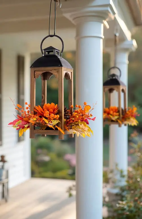 GLITZHOME Fall Sunflower Pinecone And Berry Wood Lantern Centerpiece