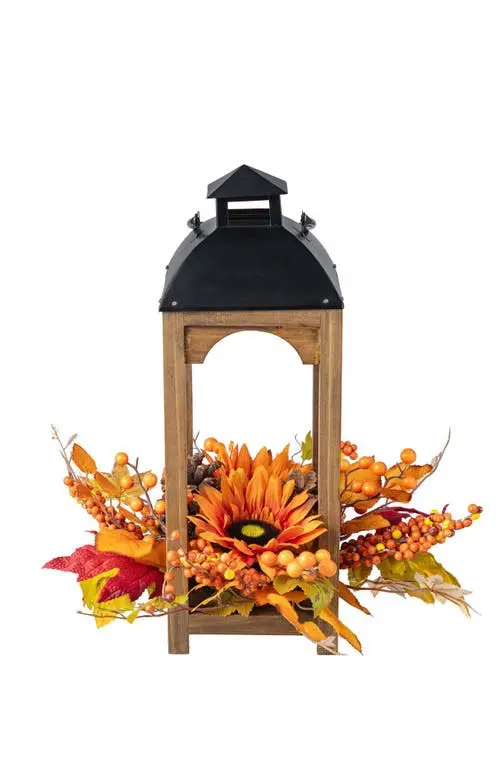 GLITZHOME Fall Sunflower Pinecone And Berry Wood Lantern Centerpiece
