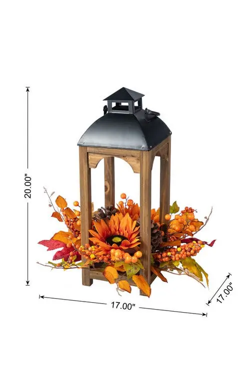 GLITZHOME Fall Sunflower Pinecone And Berry Wood Lantern Centerpiece