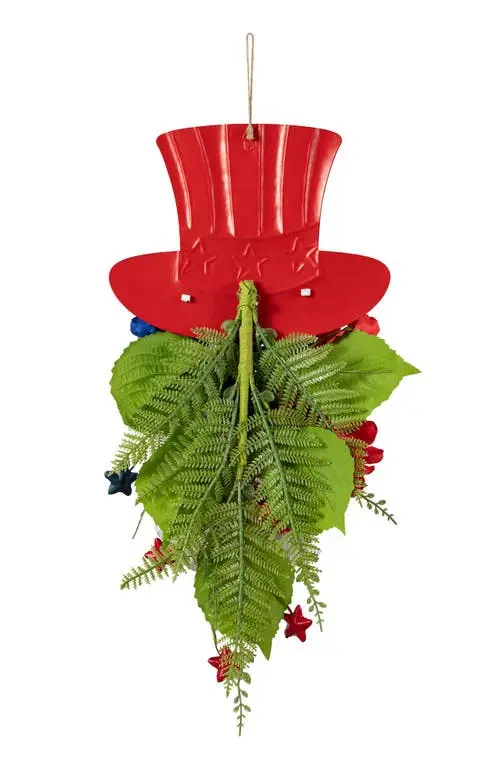 GLITZHOME Patriotic Americana Metal Top Hat & Hydrangea Swag Wall Decor