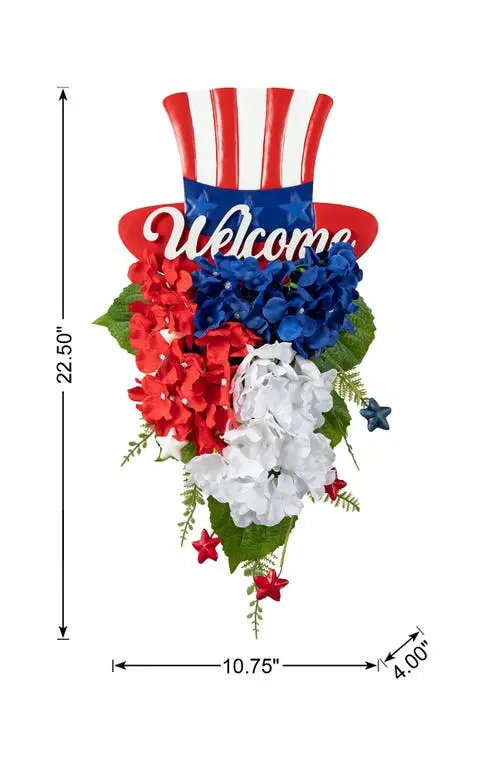 GLITZHOME Patriotic Americana Metal Top Hat & Hydrangea Swag Wall Decor
