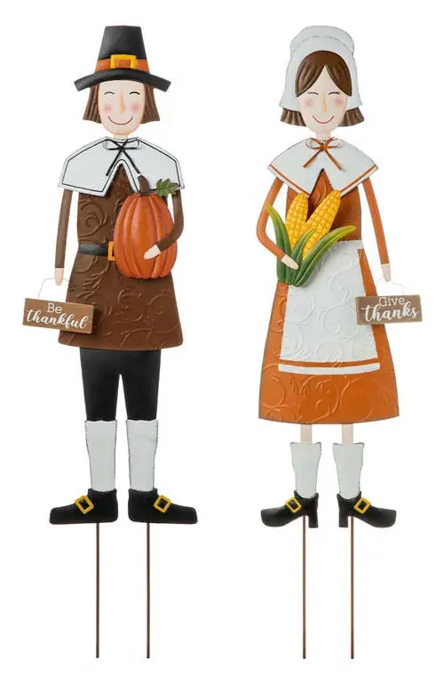 GLITZHOME Set Of 2 Metal Thanksgiving Pilgrim Yard Stakes