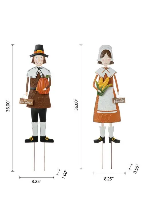 GLITZHOME Set Of 2 Metal Thanksgiving Pilgrim Yard Stakes