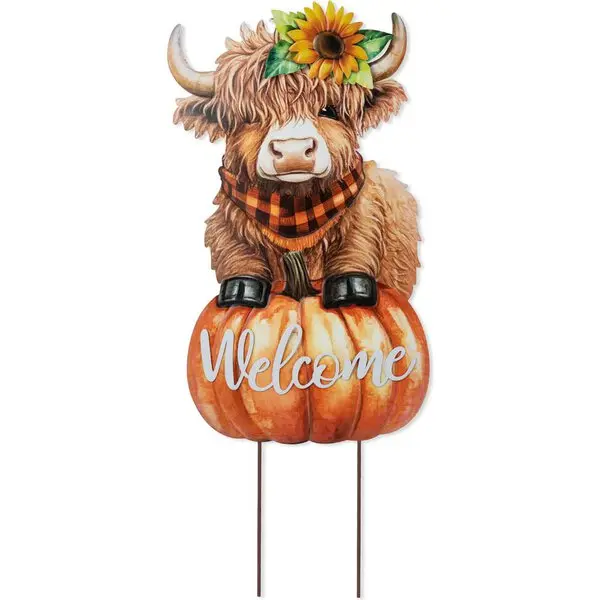 GLITZHOME Fall Metal Highland Cow Yard Stake Wall Decor