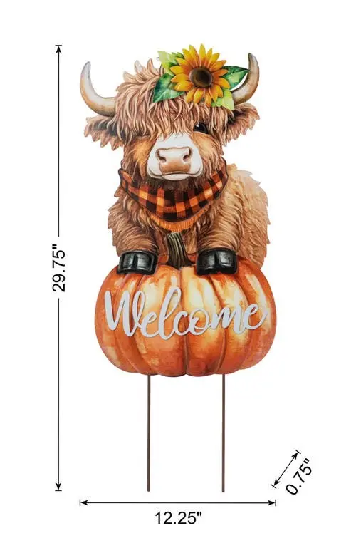 GLITZHOME Fall Metal Highland Cow Yard Stake Wall Decor