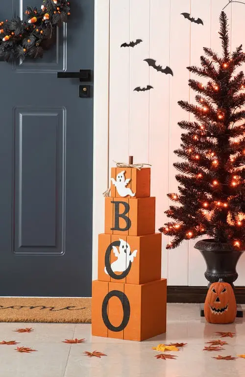 GLITZHOME Halloween And Fall Wood Reversible Boxed Porch Decor