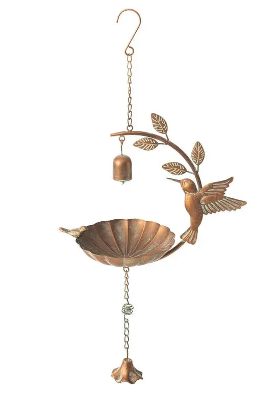 GLITZHOME 25"h Metal Faux Copper Patina Finish Hummingbird Hanging Birdfeeder - Gold