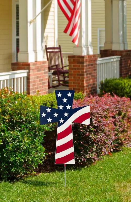 GLITZHOME Patriotic Americana Double Sided Metal Cross Yard Stake Or Wall Decor