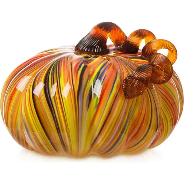 GLITZHOME Multi Stripes Glass Large Glass Pumpkin Fall Harvest