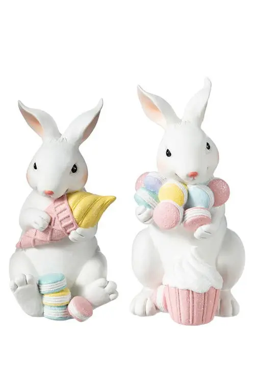 GLITZHOME Set Of 2 Easter Resin Bunny Holding Macaron Table Decor - White