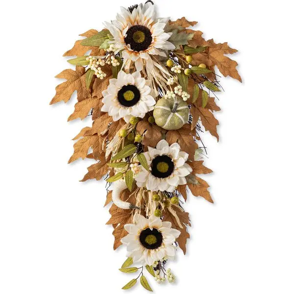 GLITZHOME Fall Neutral Sunflower Pumpkin And Leaf Teardrop