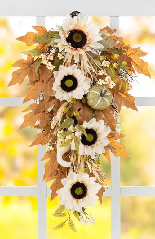 GLITZHOME Fall Neutral Sunflower Pumpkin And Leaf Teardrop