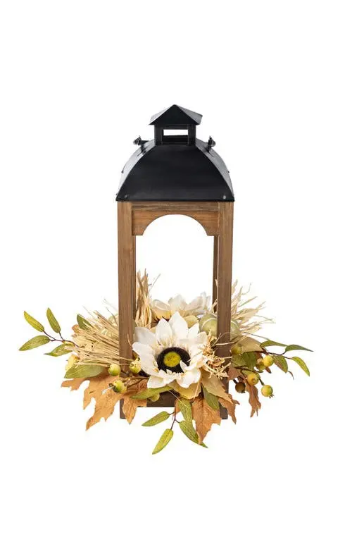 GLITZHOME Fall Neutral Sunflower Pumpkin And Leaf Wood Lantern Centerpiece