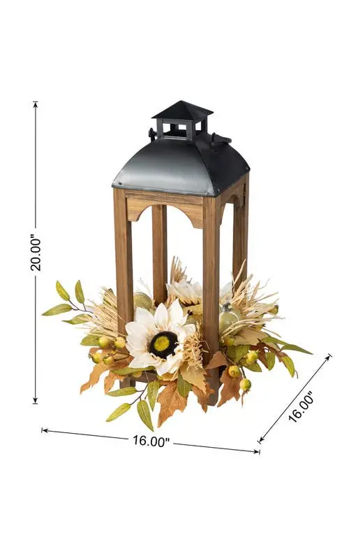 GLITZHOME Fall Neutral Sunflower Pumpkin And Leaf Wood Lantern Centerpiece
