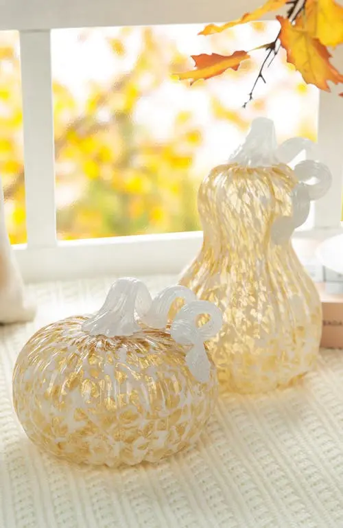 GLITZHOME Fall Patterned Glass Gourd Pumpkins - Yellow