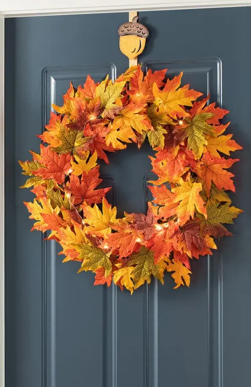 GLITZHOME 24"d Fall Lighted Maple Leaves Wreath With Timer