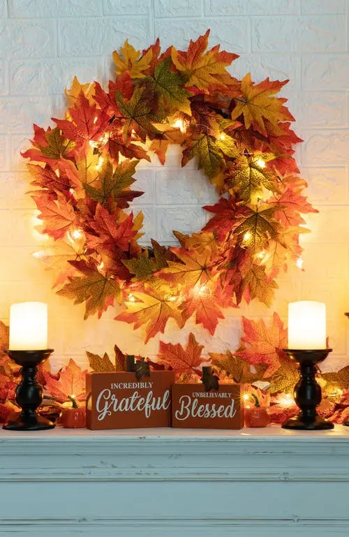 GLITZHOME 24"d Fall Lighted Maple Leaves Wreath With Timer