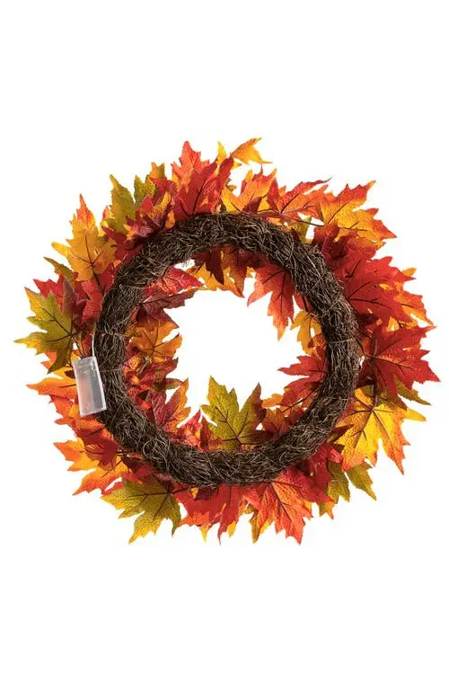 GLITZHOME 24"d Fall Lighted Maple Leaves Wreath With Timer