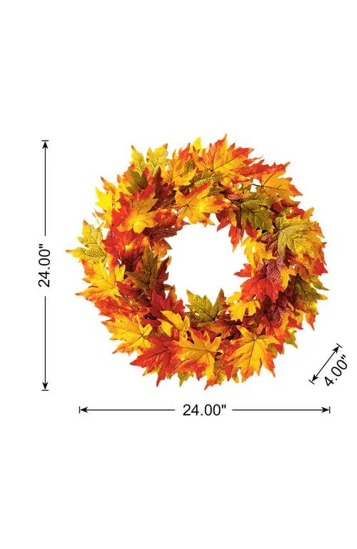 GLITZHOME 24"d Fall Lighted Maple Leaves Wreath With Timer