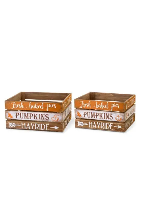 GLITZHOME Set Of 2 Wooden Pumpkin Crates Table Decor
