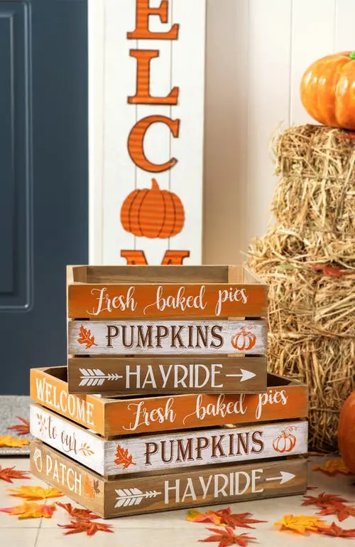 GLITZHOME Set Of 2 Wooden Pumpkin Crates Table Decor