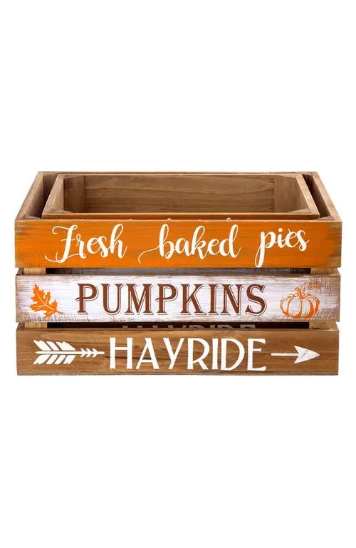 GLITZHOME Set Of 2 Wooden Pumpkin Crates Table Decor