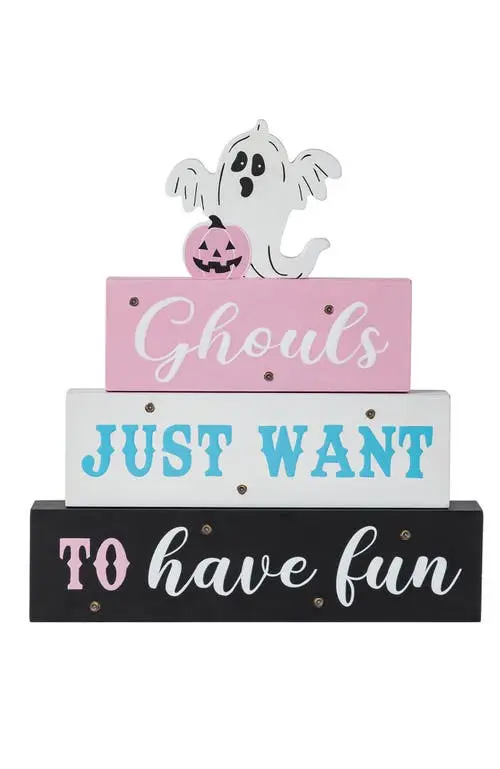 GLITZHOME Halloween Lighted Wooden Ghost Block Word Sign