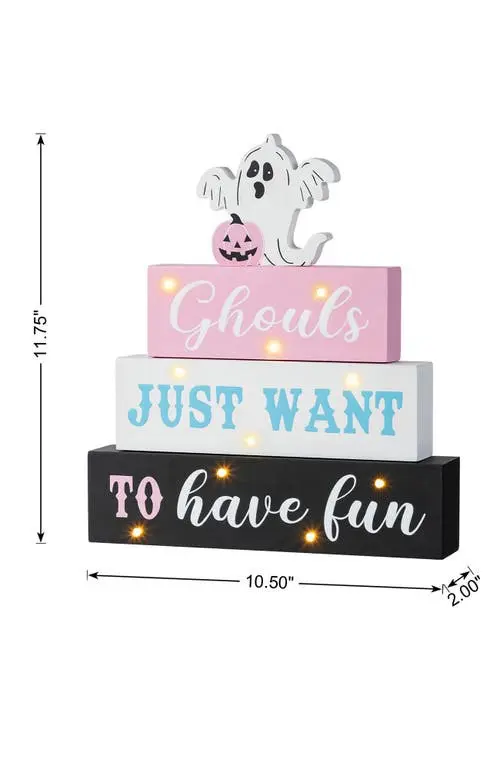GLITZHOME Halloween Lighted Wooden Ghost Block Word Sign