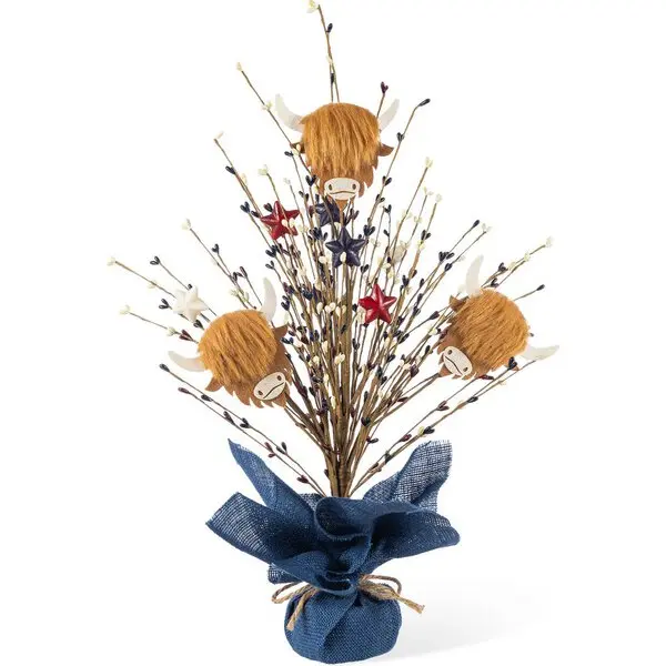 GLITZHOME 21"h Patriotic Americana Highland Cow And Berry Table Tree - Blue