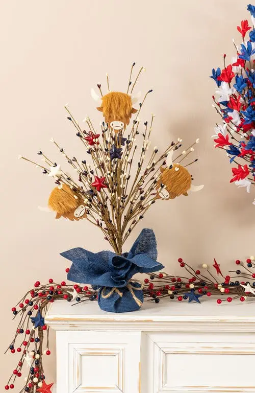 GLITZHOME 21"h Patriotic Americana Highland Cow And Berry Table Tree