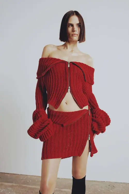PCFG Cashmere Blend Zipped Knit Mini Skirt - Red