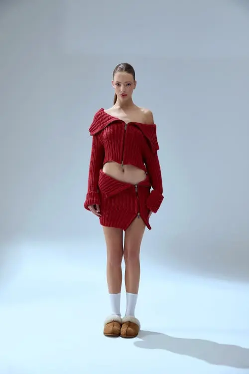 PCFG Cashmere Blend Zipped Knit Mini Skirt - Red