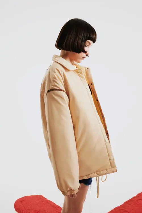 PCFG Oversized Puffer Coat With Contrast Tape Detail - Beige