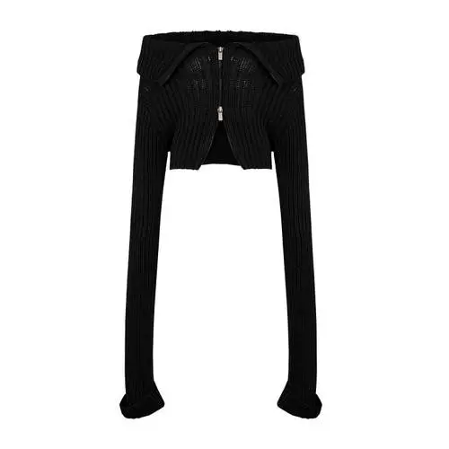 PCFG Cashmere Blend Zip-up Knit Crop Top - Black