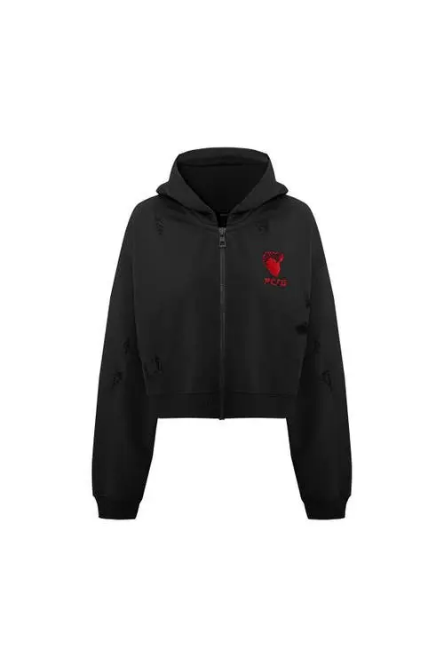 PCFG Cotton Destroyed Zip Up Hoodie - Black