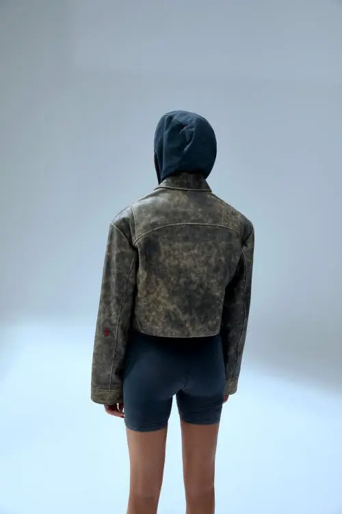 PCFG Two-tone Leather Crop Jacket - Grey