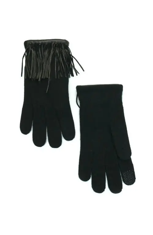 Portolano Cashmere Tech Gloves With Leather Fringe - Black