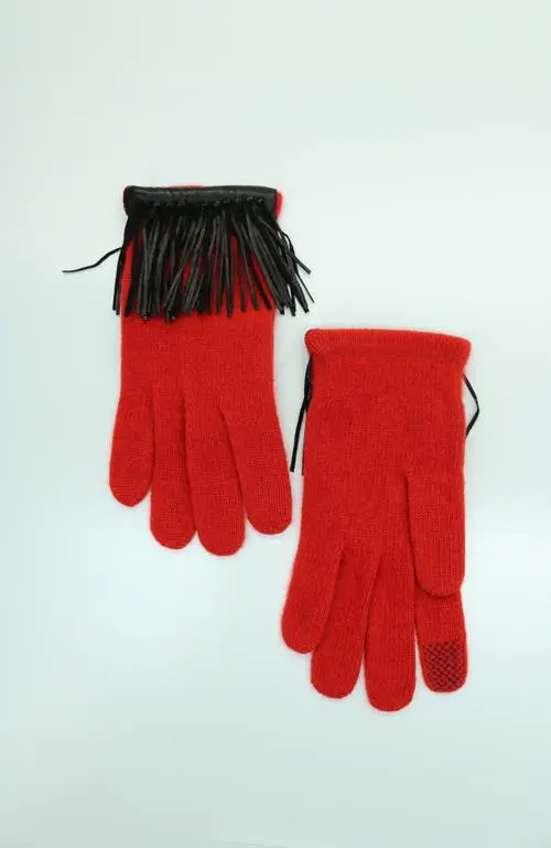 Portolano Cashmere Tech Gloves With Leather Fringe - Fire Red