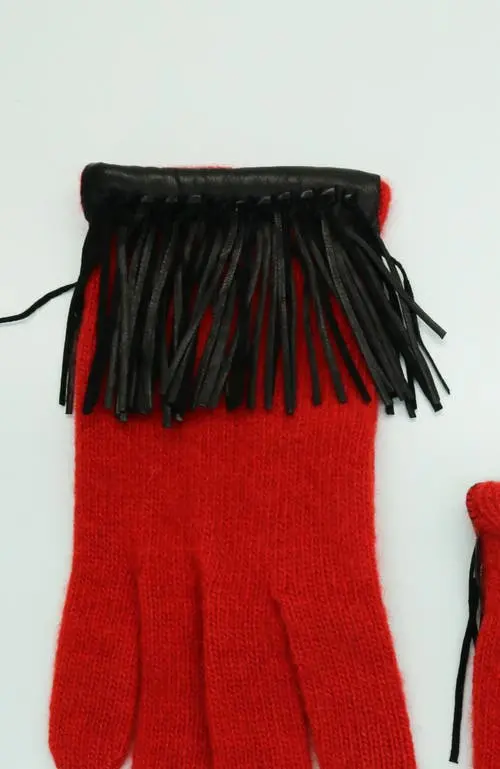 Portolano Cashmere Tech Gloves With Leather Fringe - Fire Red