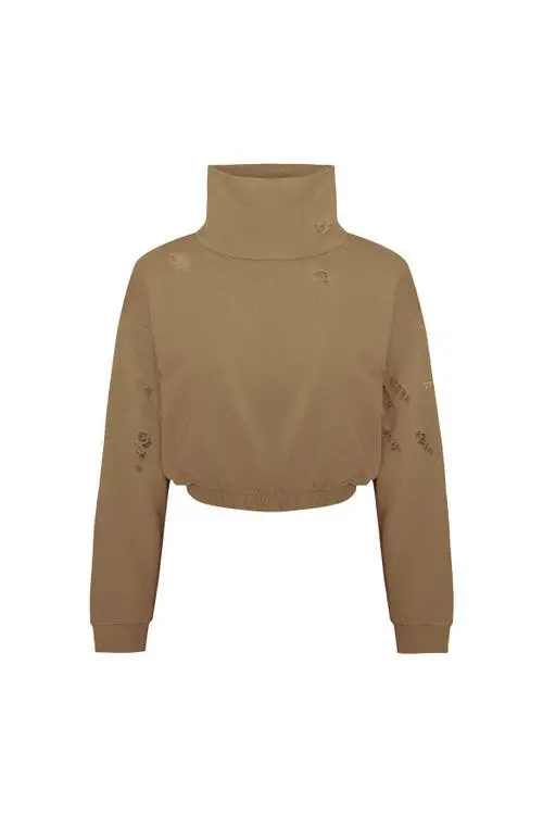 PCFG Cotton Destroyed High Neck Sweatshirt - Covert Green
