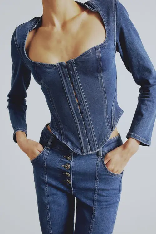 PCFG Corset Denim Top With Square Neckline - Blue